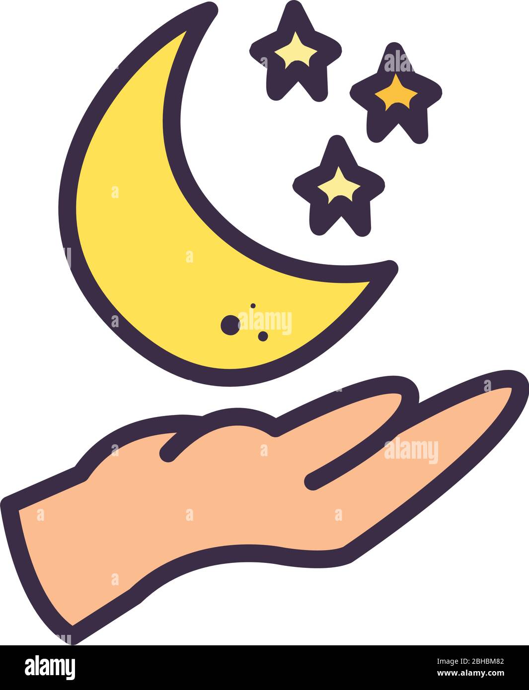 Hand with moon and stars fill style icon of night bedtime sky space ...