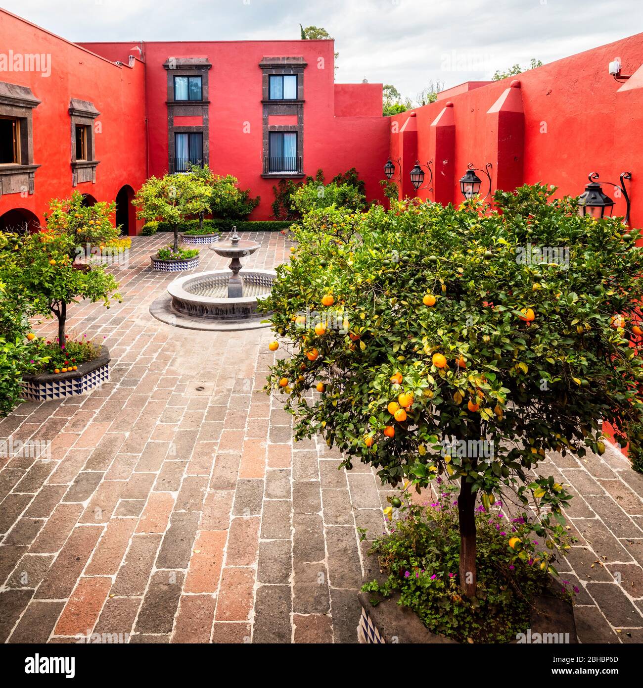 Interior patio with orange trees in the Hacienda Galindo, Queretaro ...