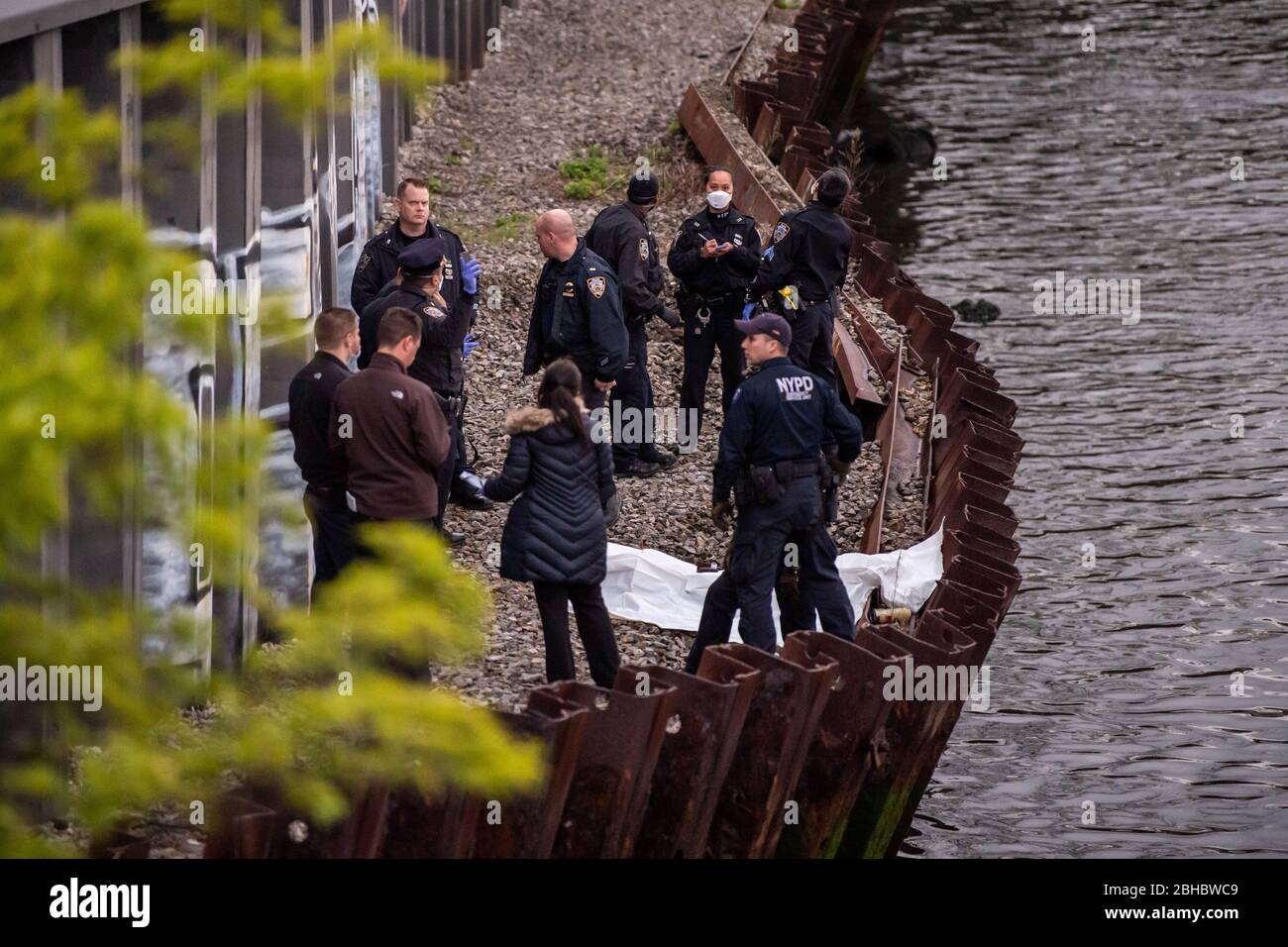 NEW YORK, NY – APRIL 24, 2020: Police investigate suicide of FDNY EMT John Mondello who was ...