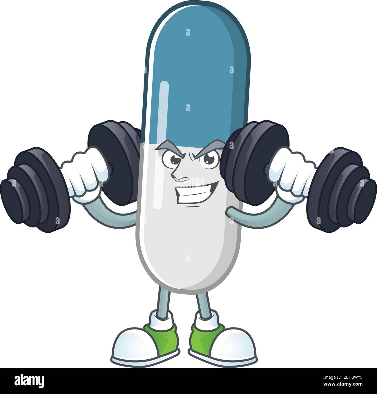 Fitness exercise vitamin pills cartoon character using barbells Stock ...