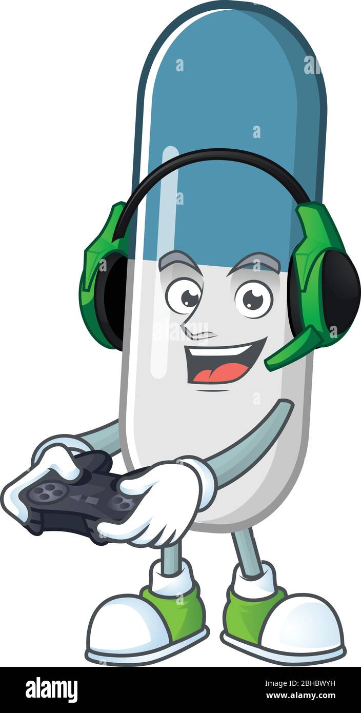A cartoon design of vitamin pills talented gamer play with headphone ...