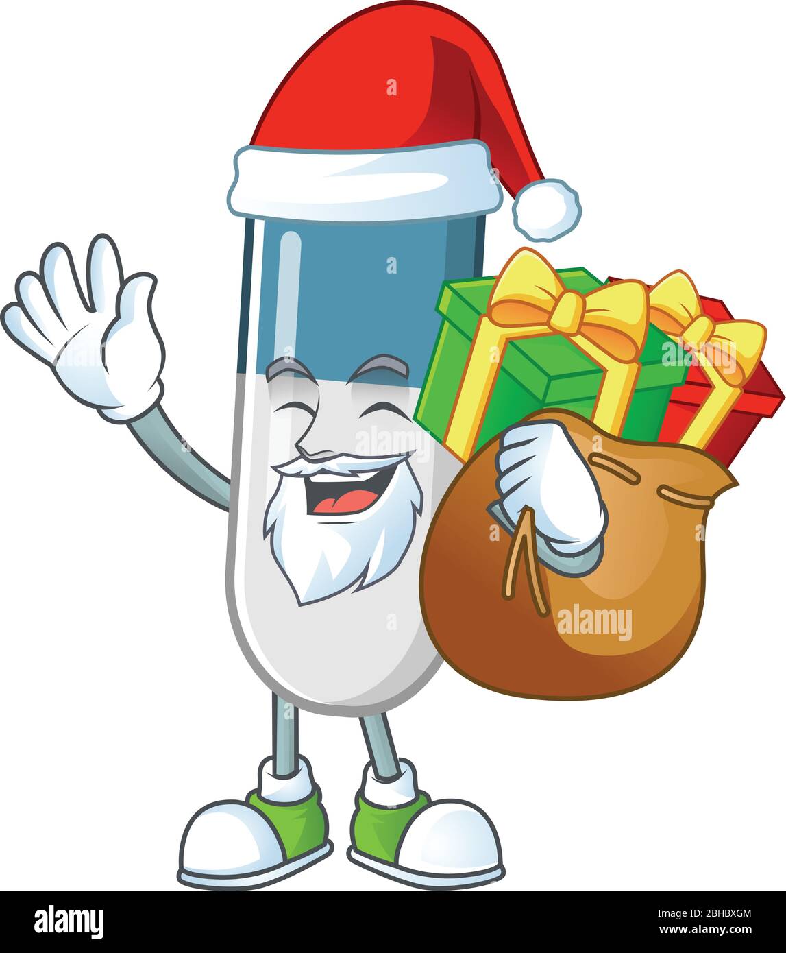 Santa vitamin pills Cartoon character design with sacks of gifts Stock ...
