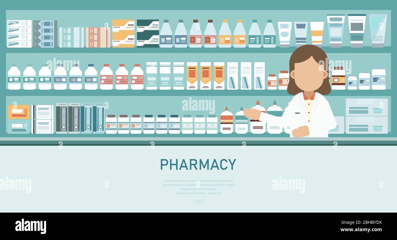 Medical banner with pharmacy counter and pharmacist vector illustration ...