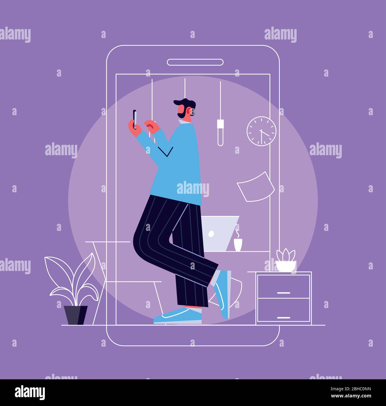 man connected online by cell phone at home vector illustration design ...