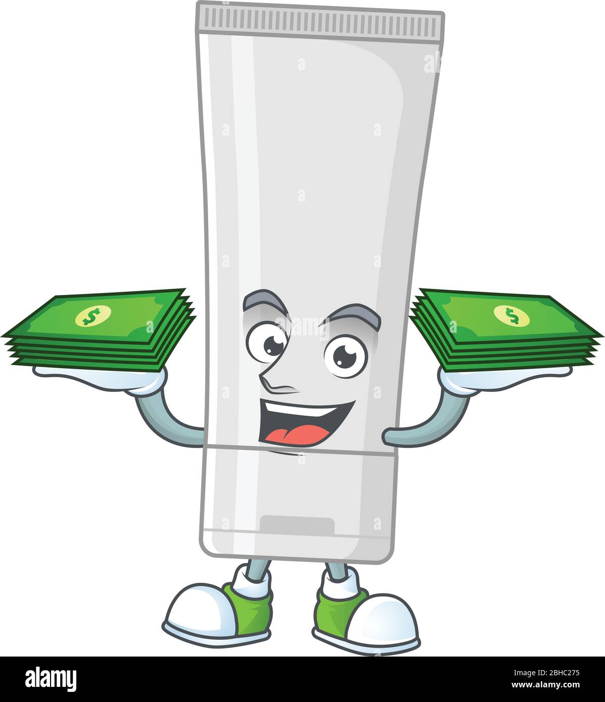 A cheerful white plastic tube mascot design with some money on hands ...