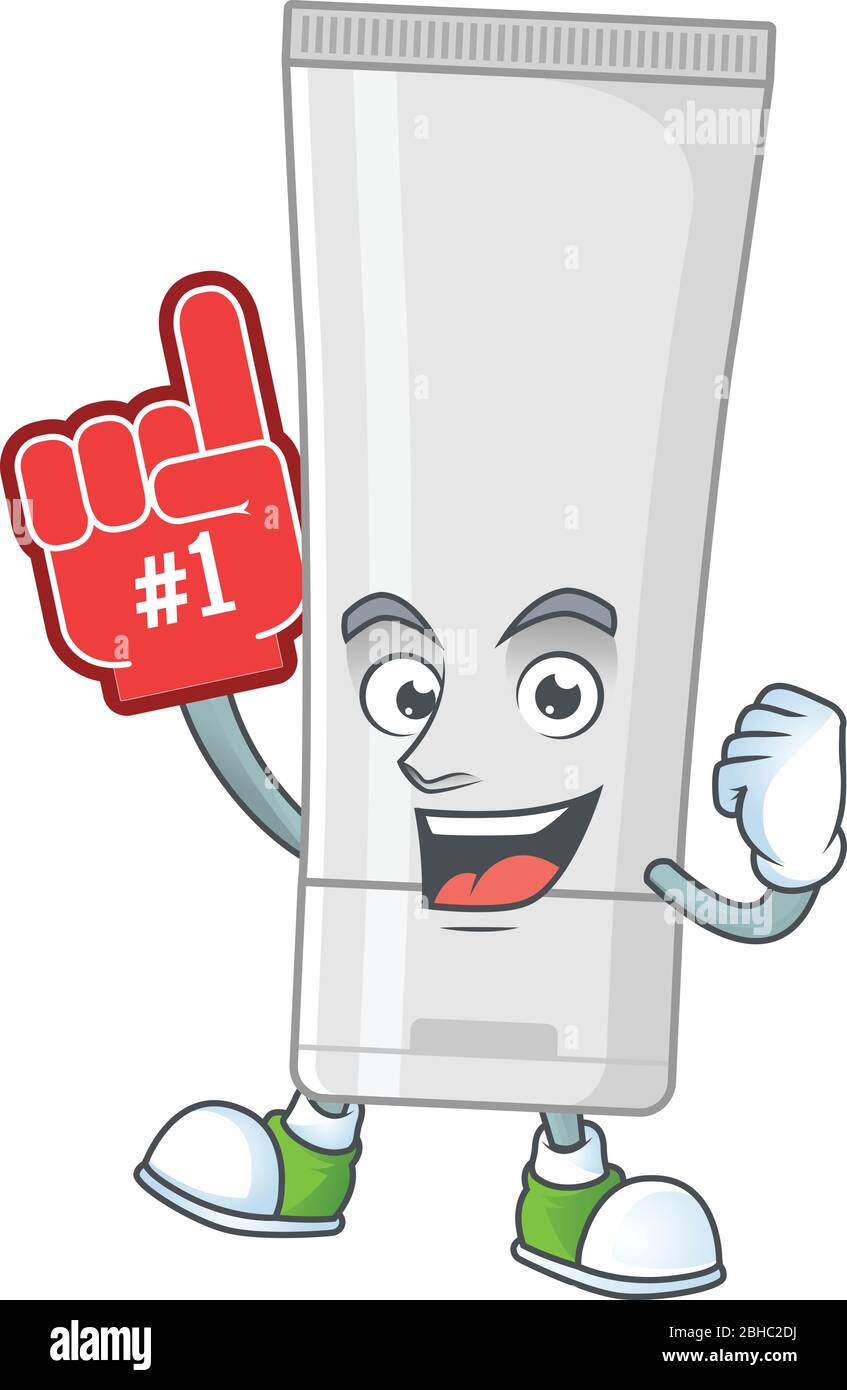 Cartoon character concept of white plastic tube holding red foam finger ...