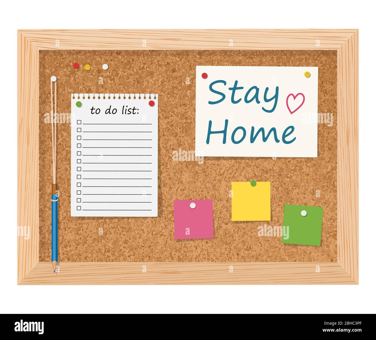 Stay at home. Cork board with to do list, adhesive notes and push pins ...