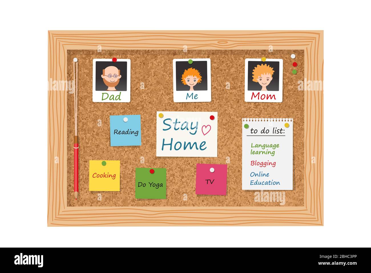 Stay home. Cork board with family photos, to do list, adhesive notes ...