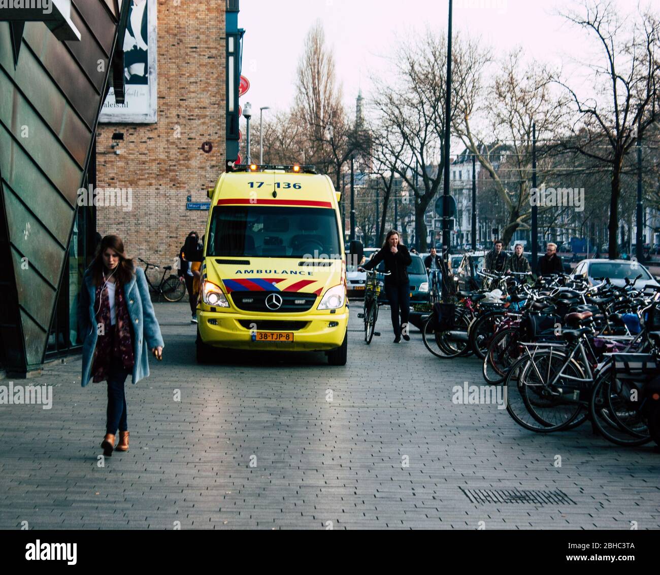 Rotterdam Netherlands April 1, 2019 View of a Dutch yellow ambulance ...