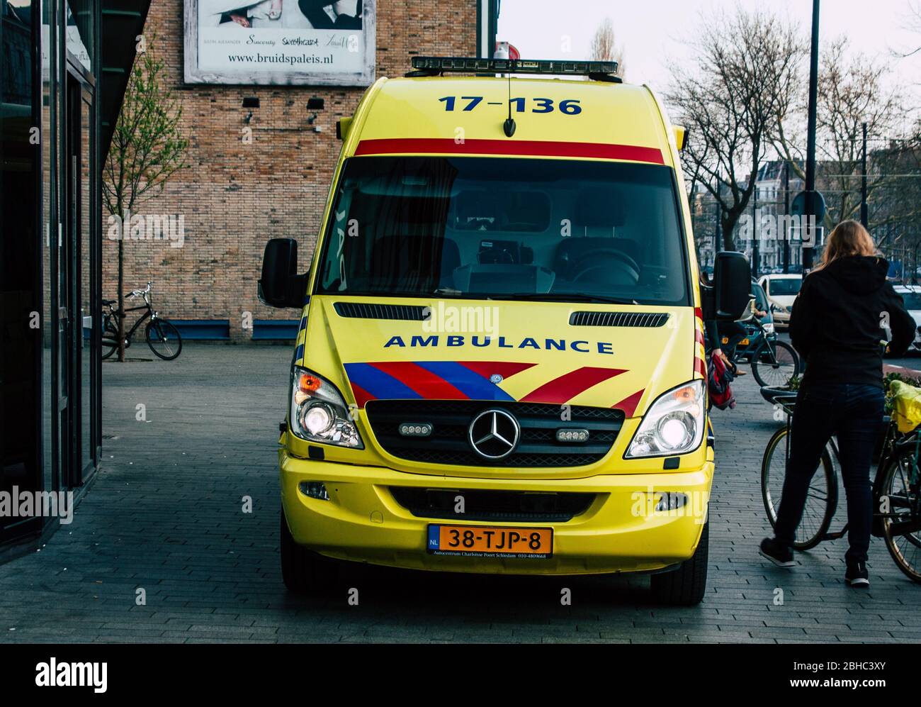 Rotterdam Netherlands April 1, 2019 View of a Dutch yellow ambulance ...