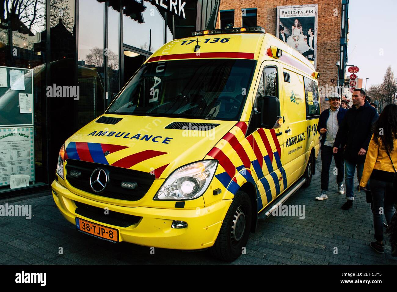 Rotterdam Netherlands April 1, 2019 View of a Dutch yellow ambulance ...