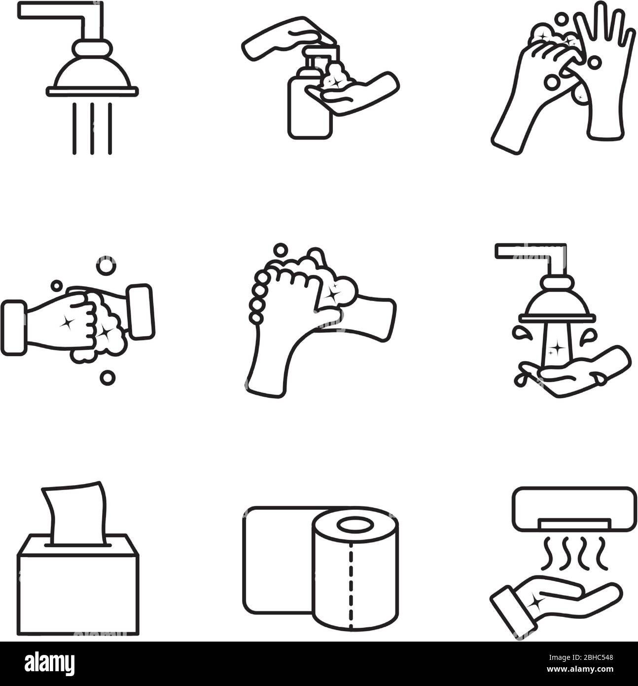 faucets and hand hygiene icon set over white background, line style ...
