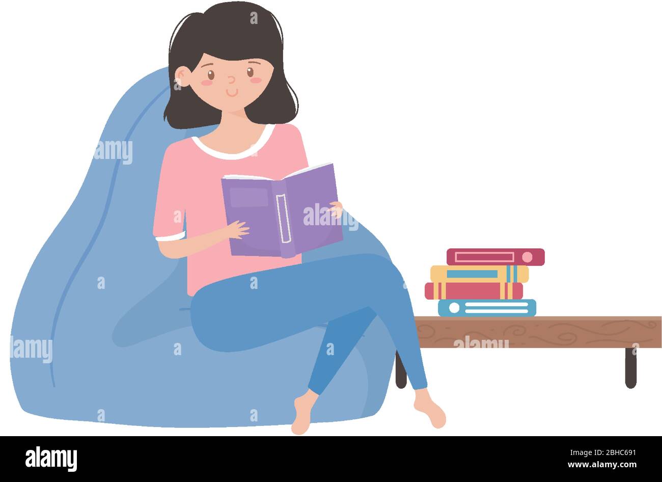 stay at home, girl reading book on chair with books in table cartoon ...