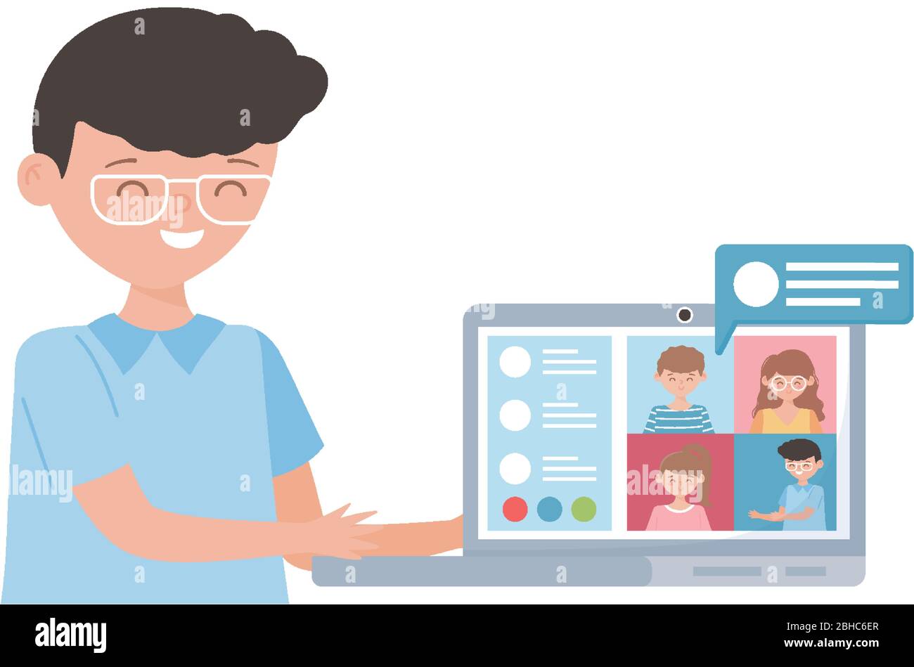 stay at home, education online, teacher computer connected students ...