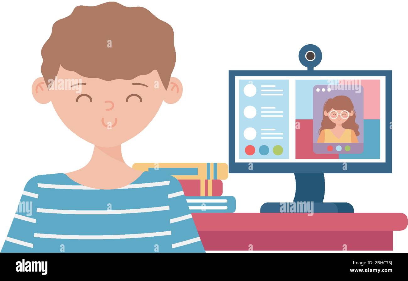 stay at home, boy with computer education online learning vector ...