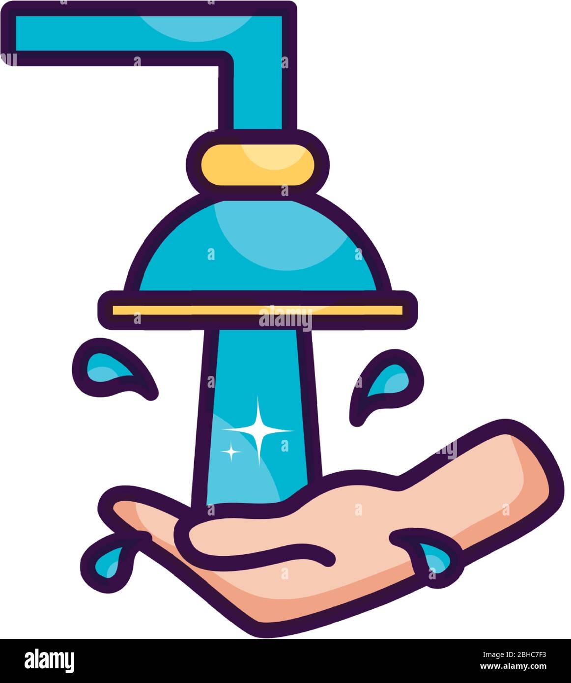 water faucet and hand icon over white background, line color style ...