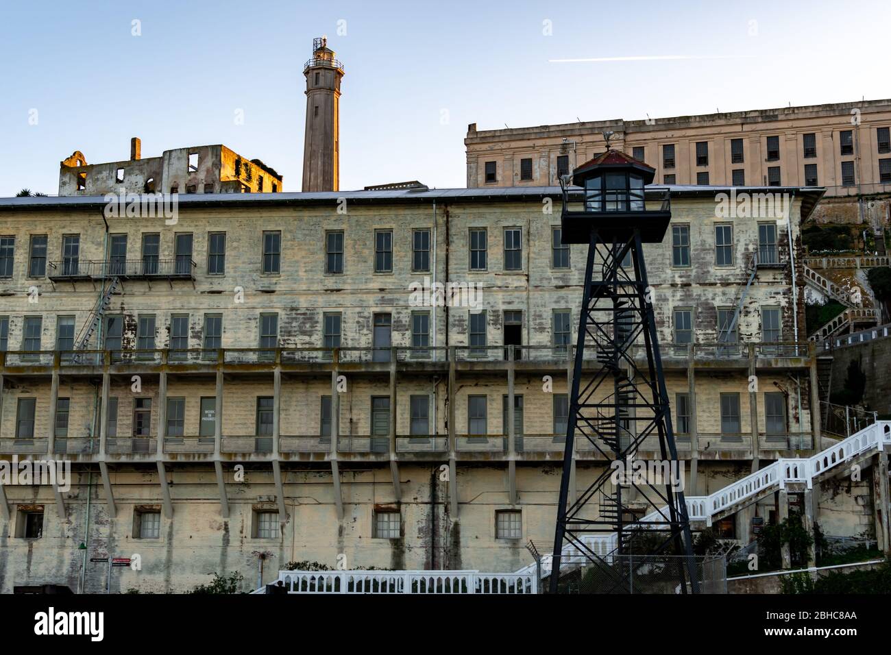 Guard tower, barracks apartment and lighthouse at Alcatraz Island ...