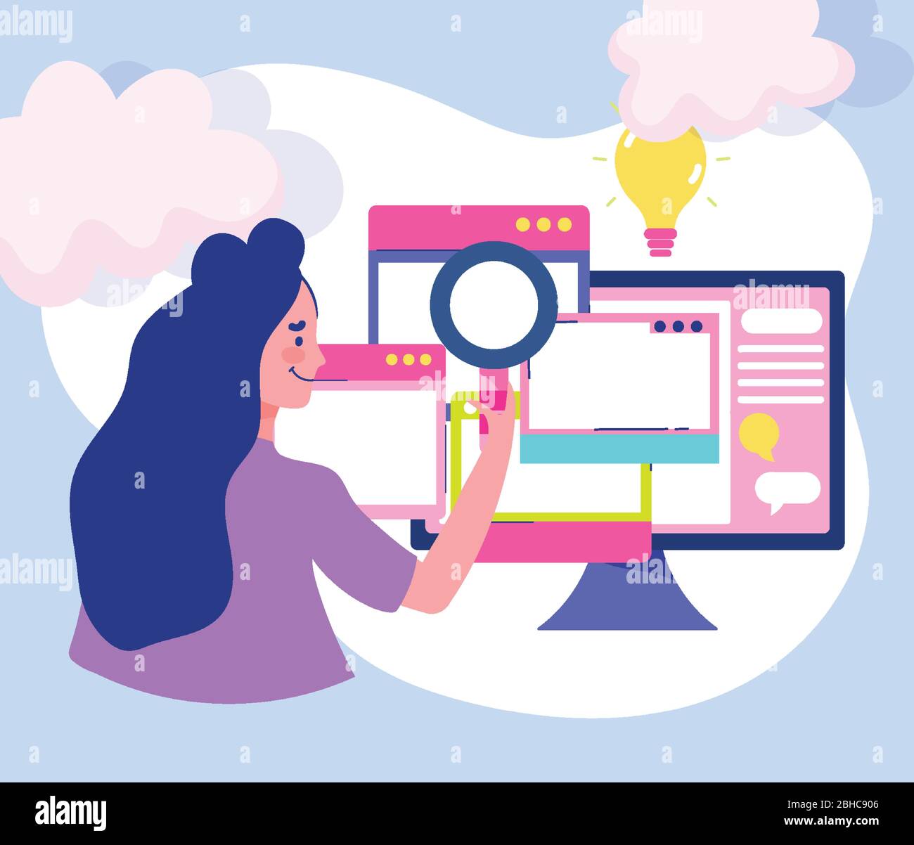 education online, student girl with magnifier computer study lesson ...