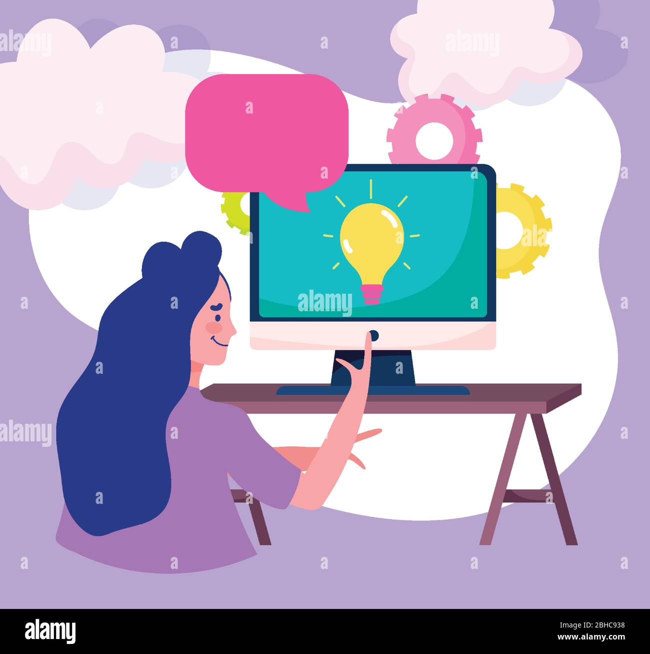 education online, teacher with computer on desk speech bubble vector ...
