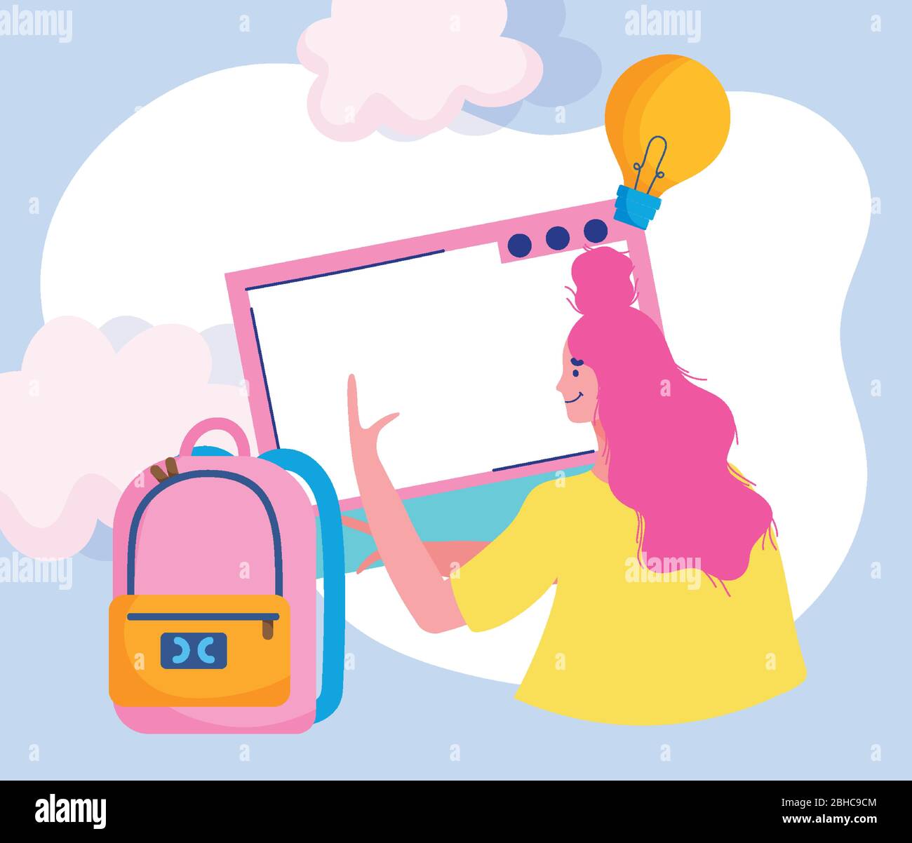 education online, young girl student virtual backpack vector ...