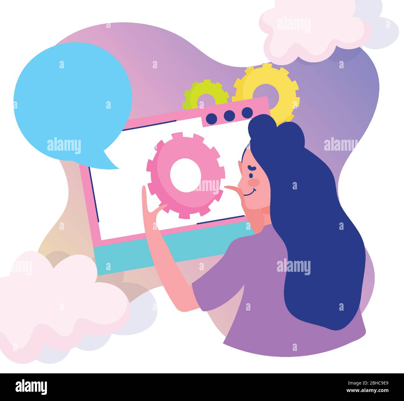 young woman working digital web network connection vector illustration ...