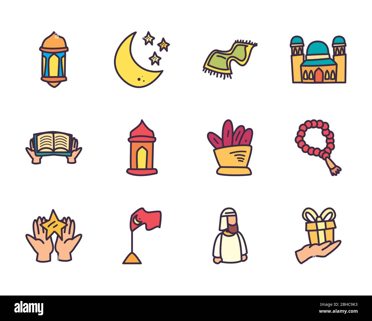 Eid mubarak fill style icon set design, Islamic religion culture belief ...