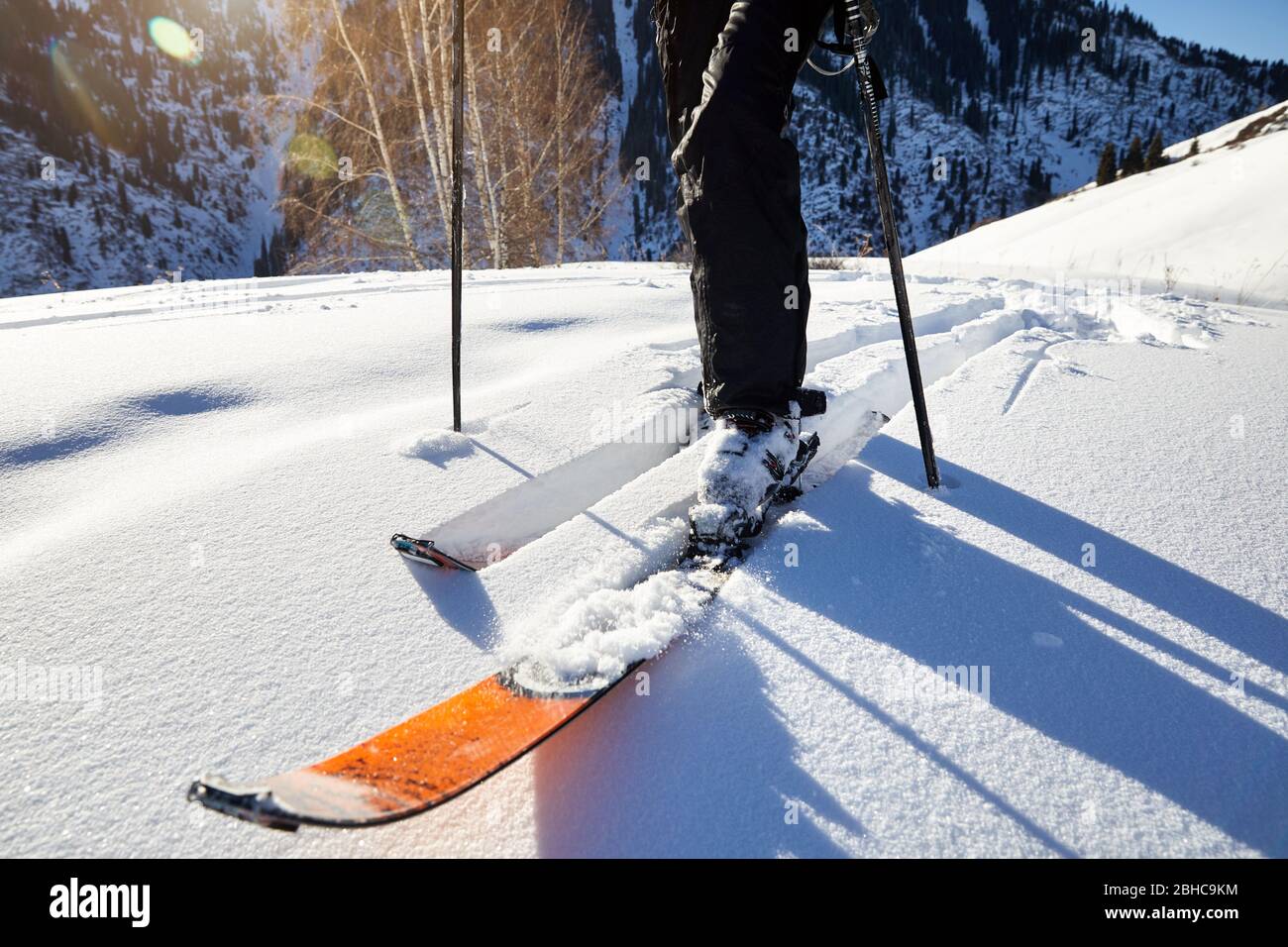 Man skiing on fresh powder snow at the mountains close up shot, low ...