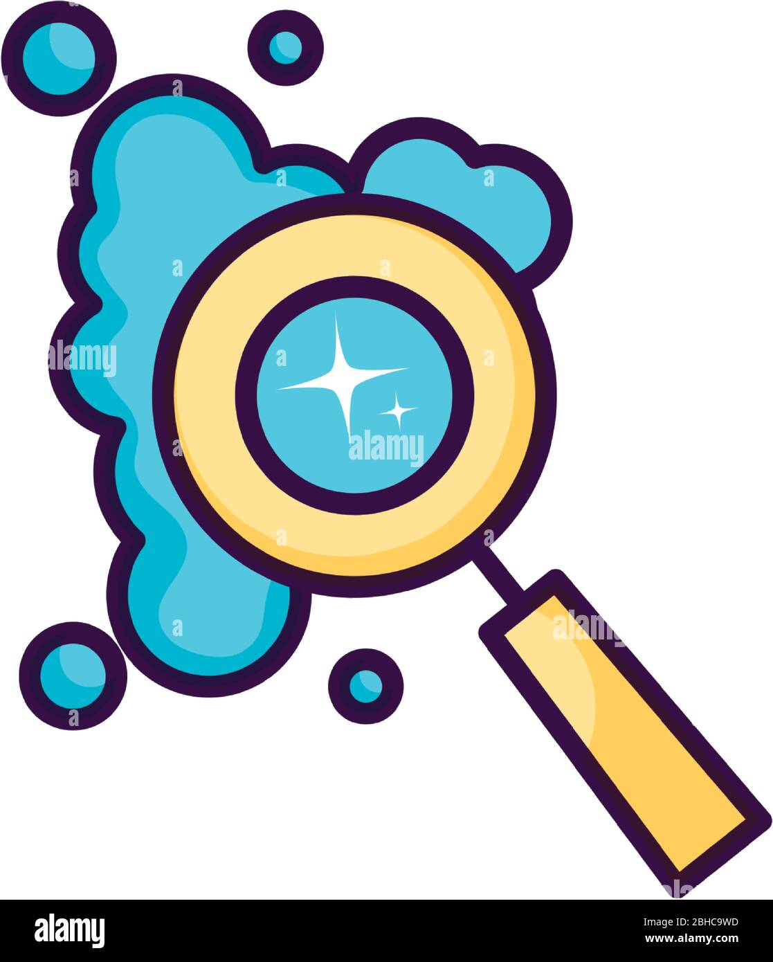 magnifying glass and soapy water icon over white background, line color ...