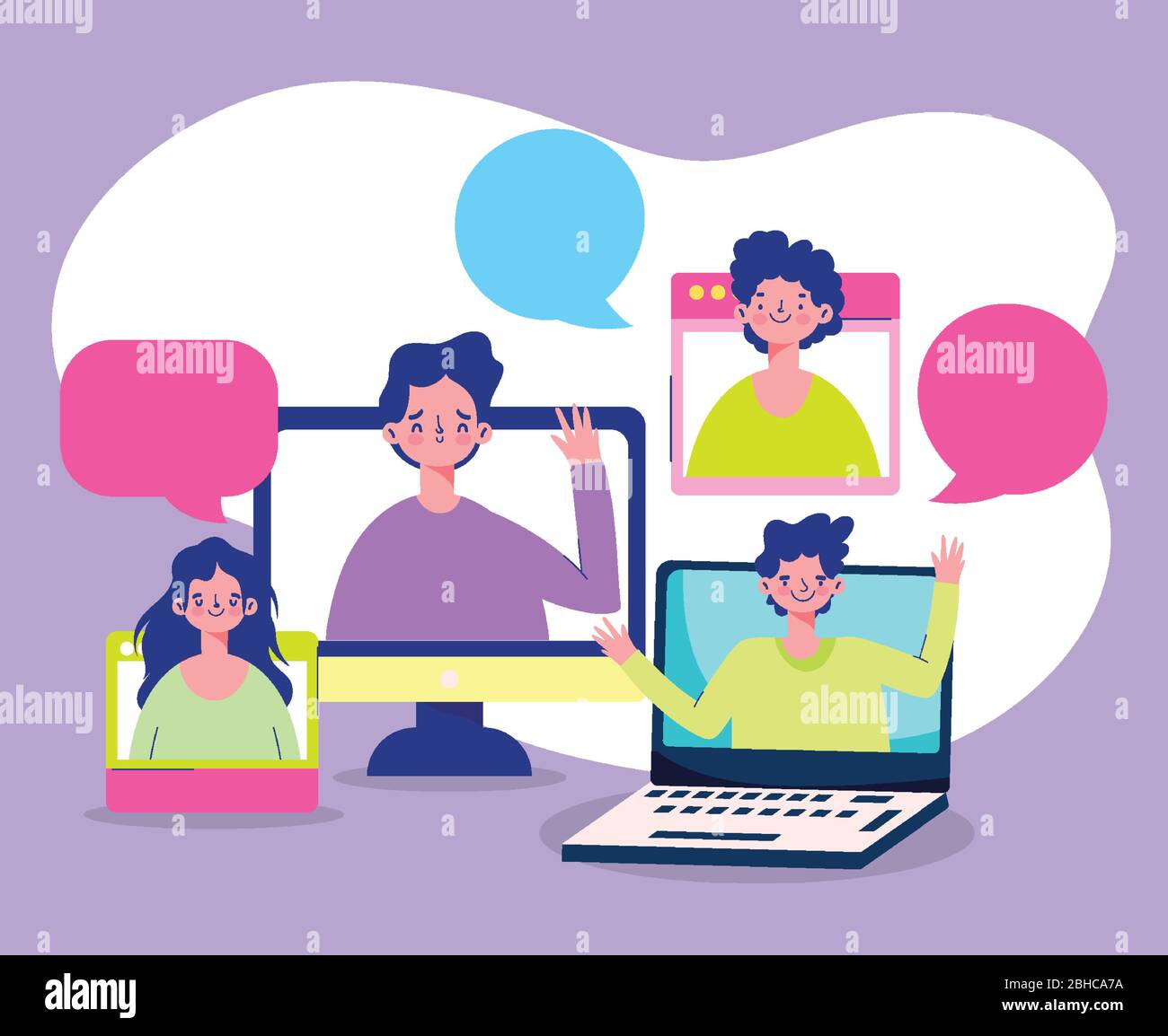 education online, laptop students cartoon characters talking bubbles ...