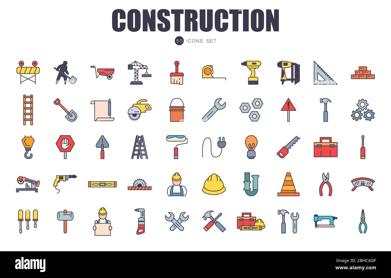 50 fill style icon set design of Construction working maintenance ...