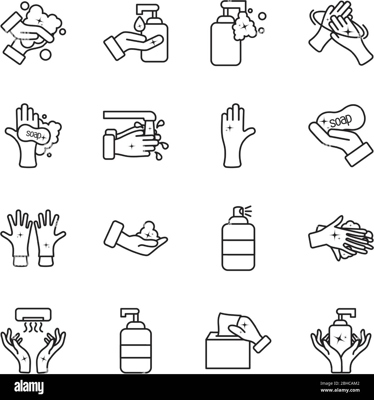 antibacterial bottles and hand hygiene icon set over white background ...
