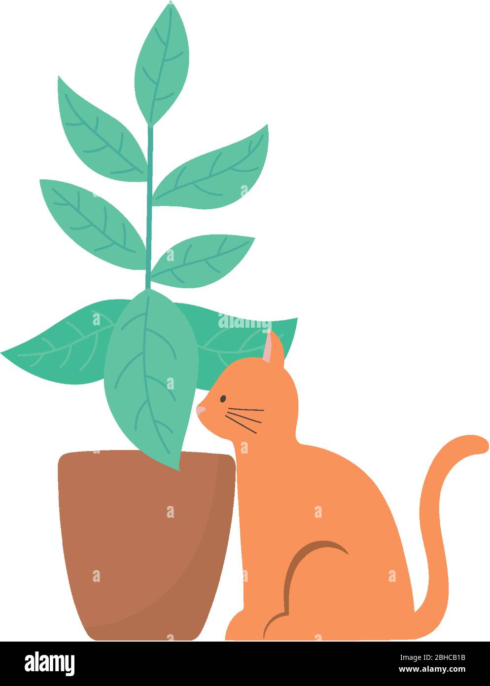 potted plant and pet cat sitting cartoon isolated design vector ...