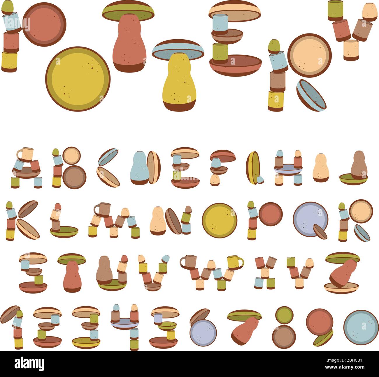 Alphabet, font, letters, numerals. Handmade clay pottery with colored ...