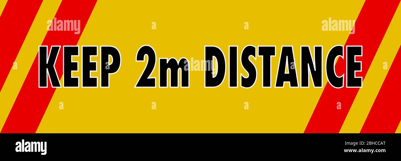 Red and yellow 2 metre distance warning sign, with white border around ...