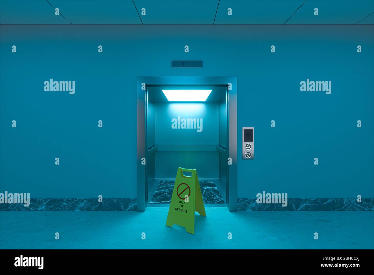 The broken elevator in the corridor, 3d rendering. Computer digital ...
