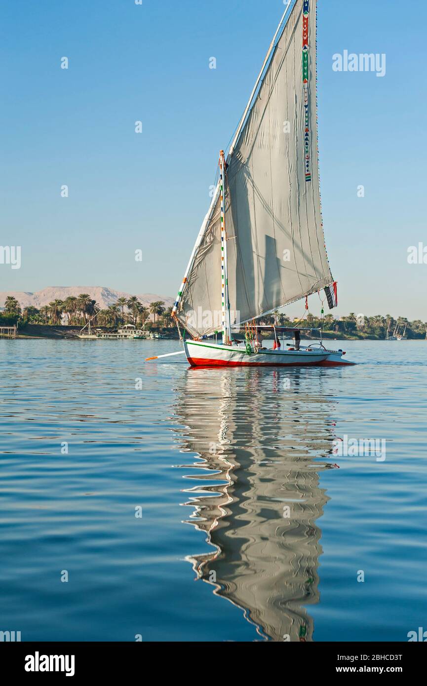 Traditional Egyptian felluca river boat sailing on the Nile with ...