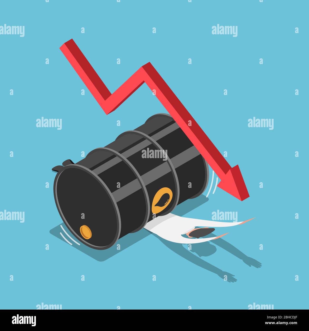 Flat 3d isometric businessman has been crushed by oil barrel with falling graph. Financial and ...