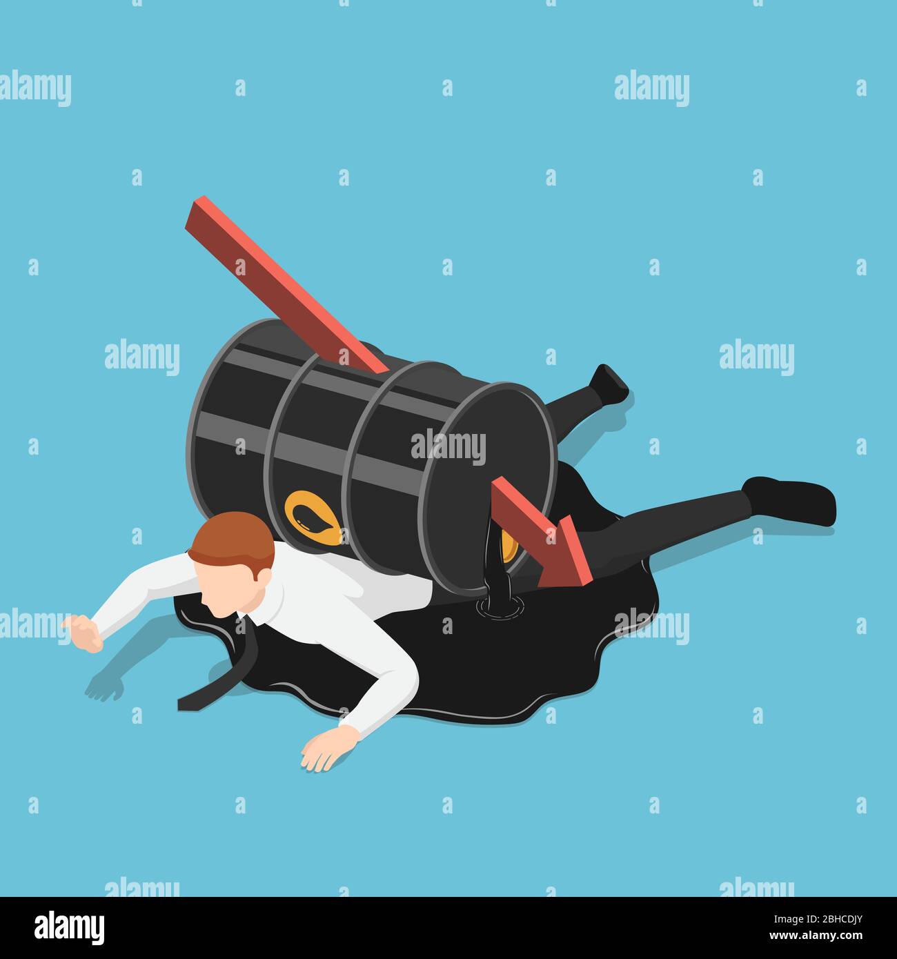 Flat 3d isometric falling red arrow piercing through oil barrel over ...