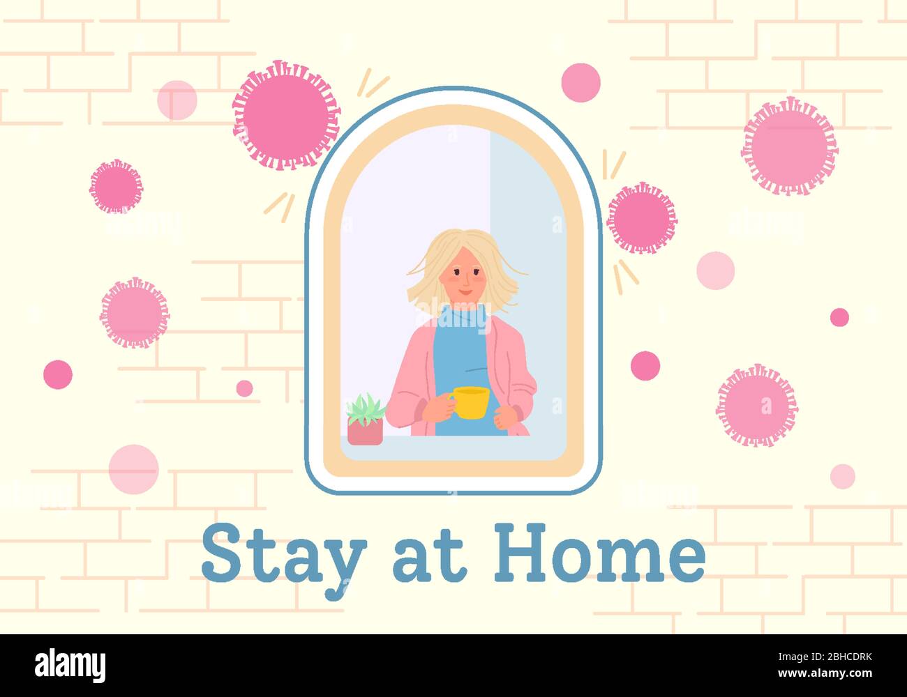 House facade with windows, girl look out of apartment, cartoon. Stop ...