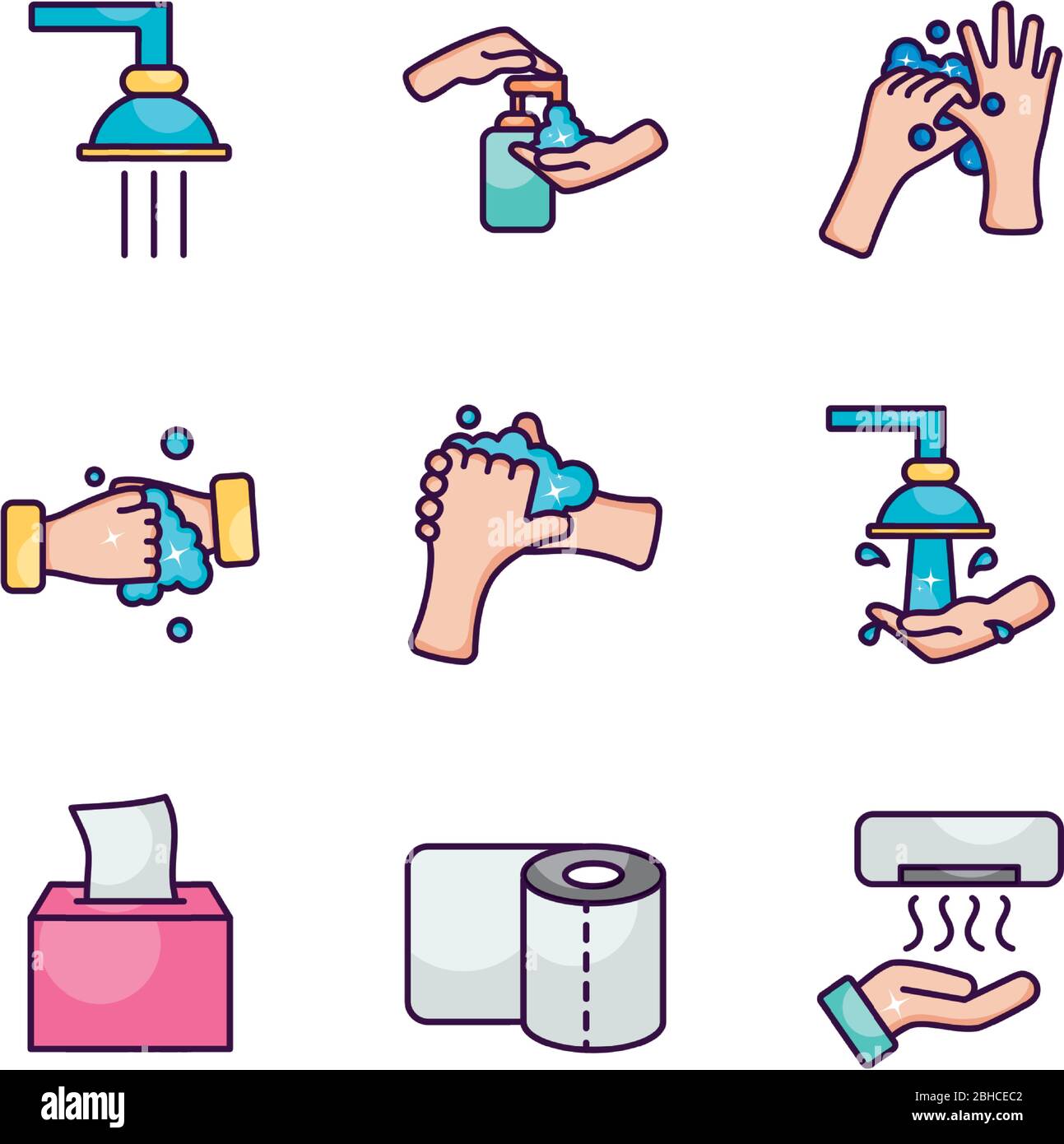 faucets and hand hygiene icon set over white background, line color ...