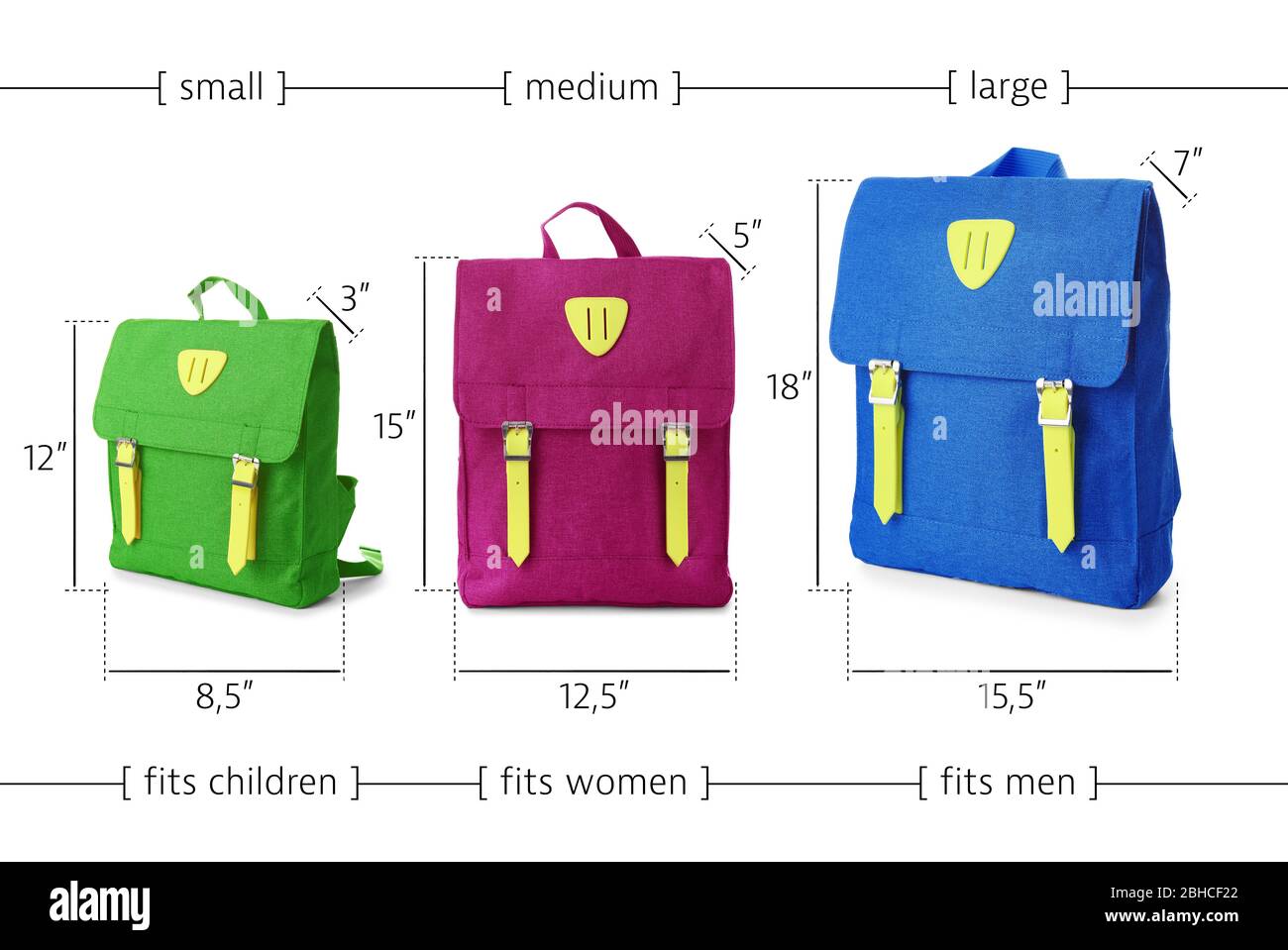 Backpacks of different sizes on white background Stock Photo - Alamy