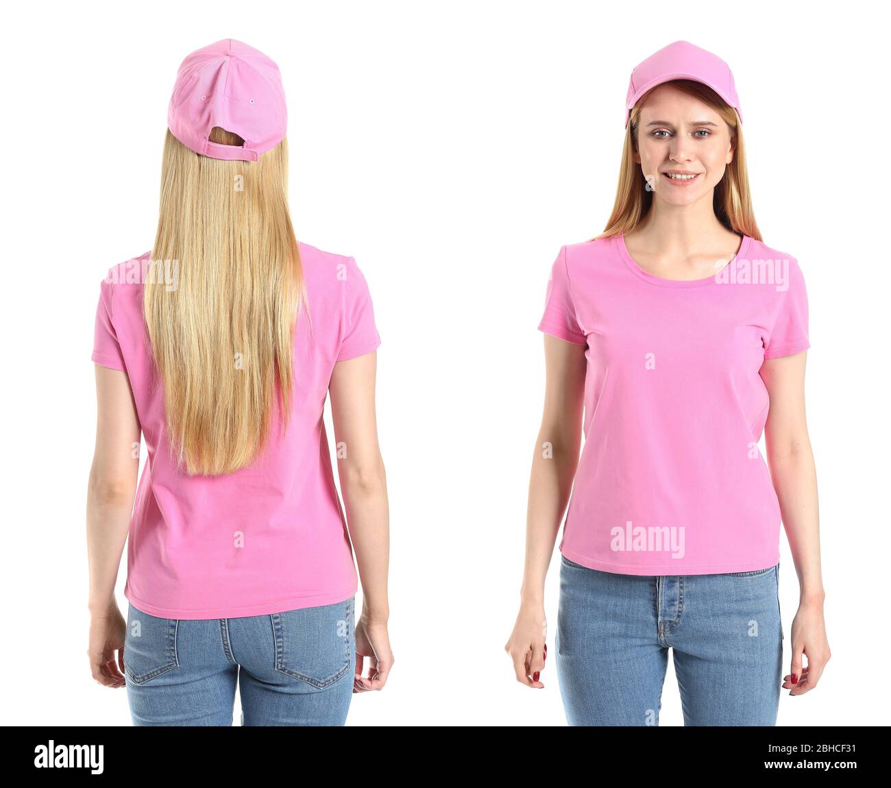 Beautiful young woman in stylish cap on white background. Front and ...