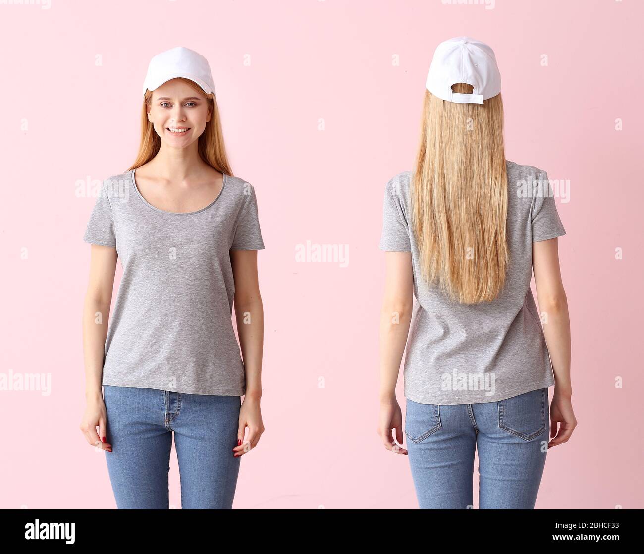 Beautiful young woman in stylish cap on color background. Front and ...