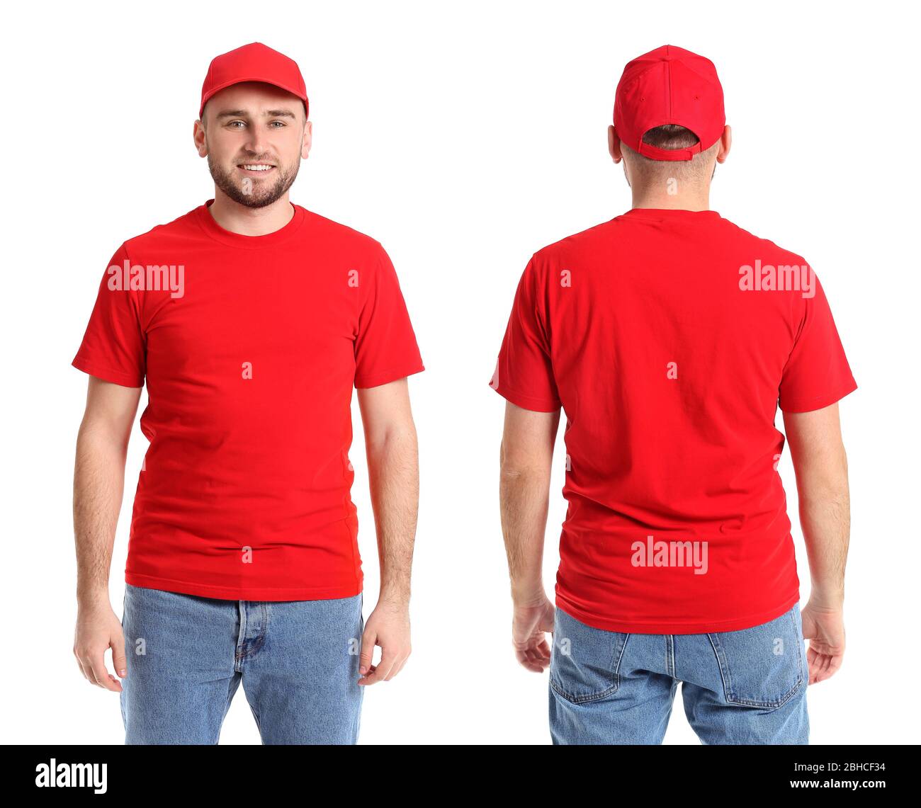 Handsome man in stylish cap on white background. Front and back view ...