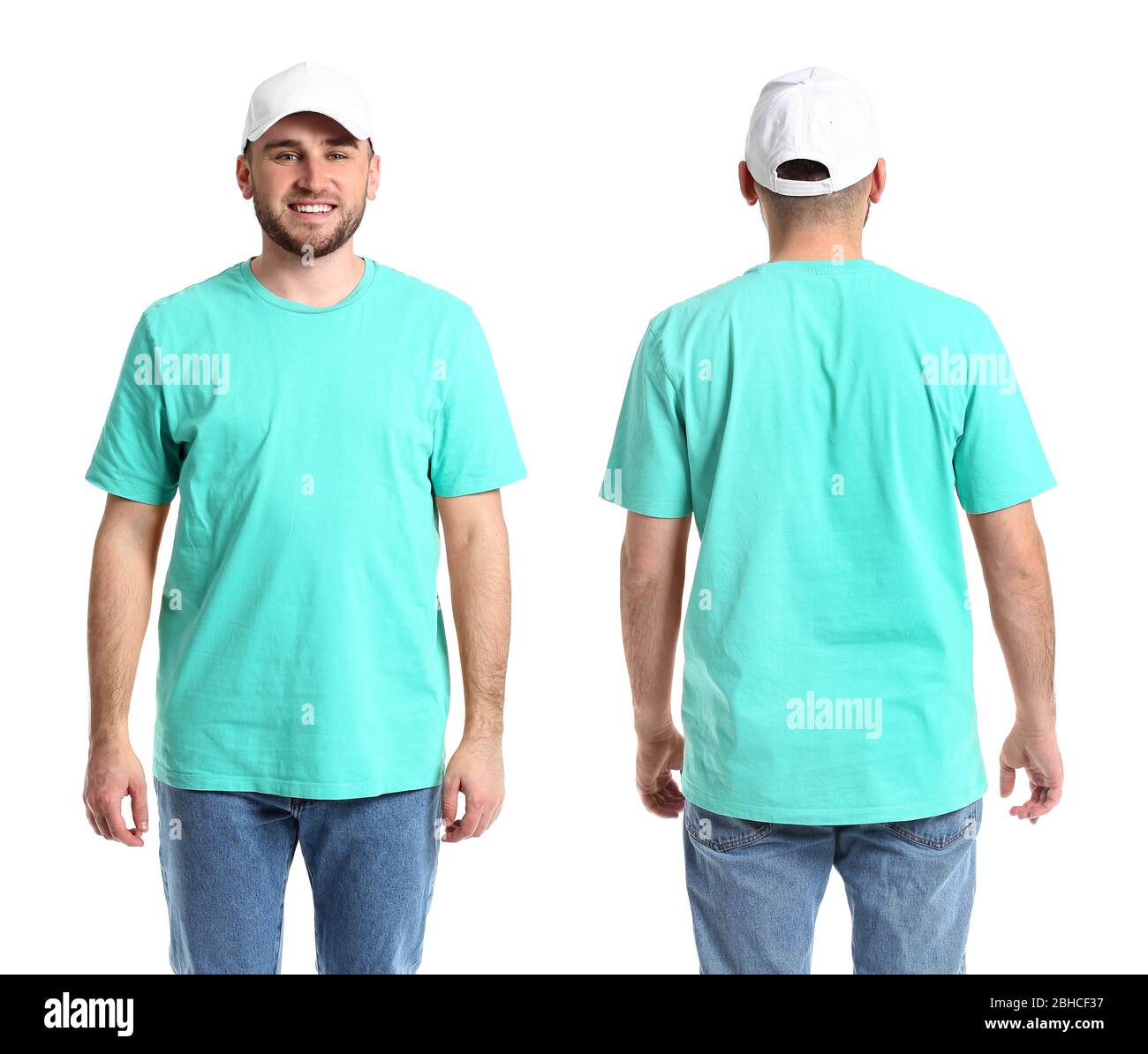 Handsome man in stylish cap on white background. Front and back view ...