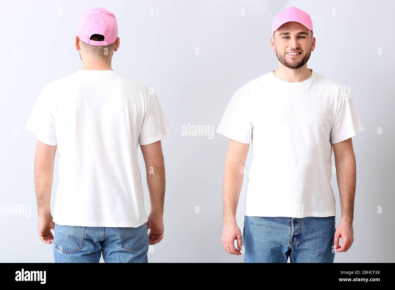 Handsome man in stylish cap on light background. Front and back view ...