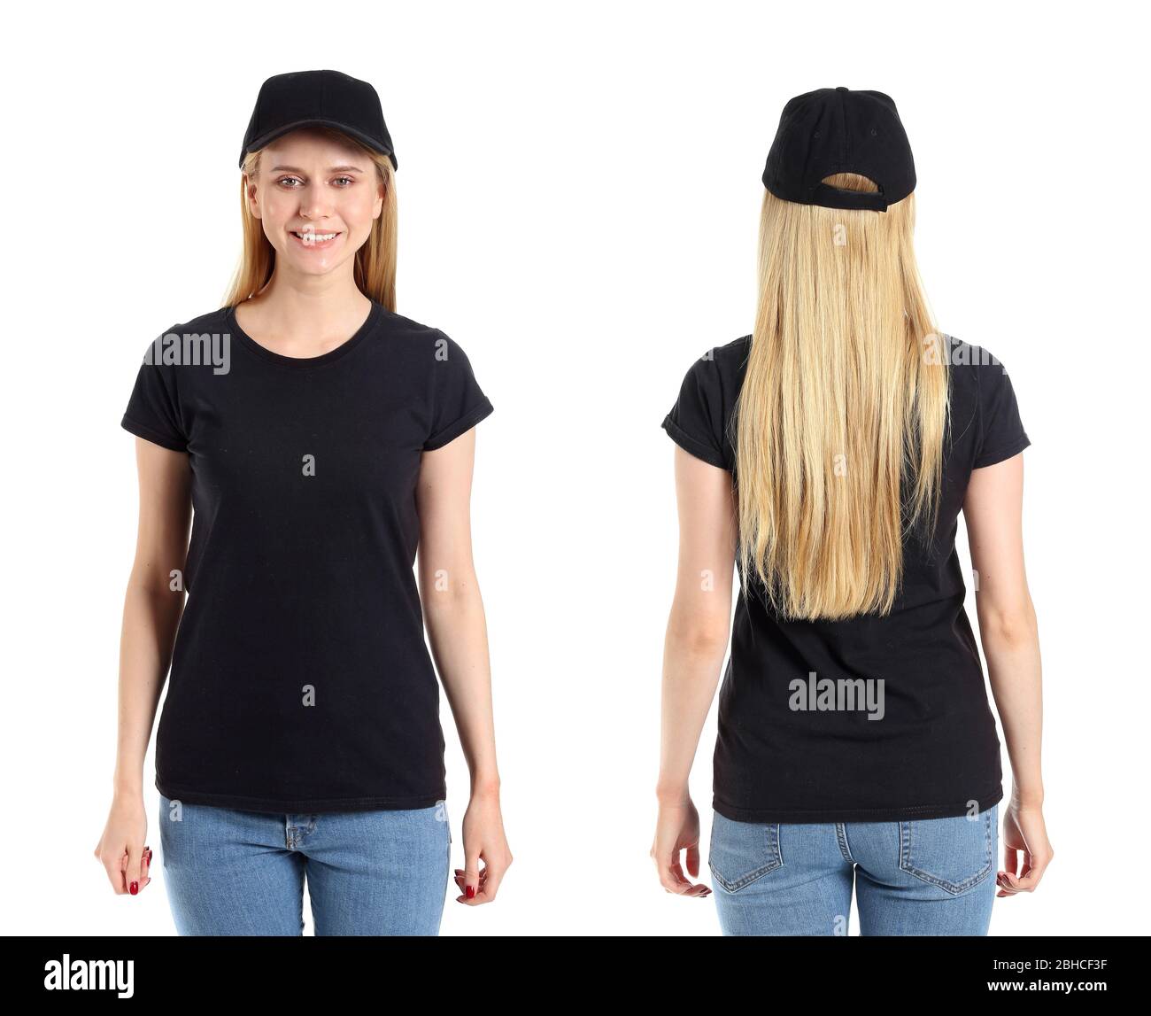 Beautiful young woman in stylish cap on white background. Front and ...