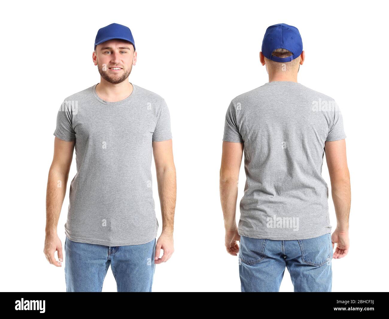 Handsome man in stylish cap on white background. Front and back view ...