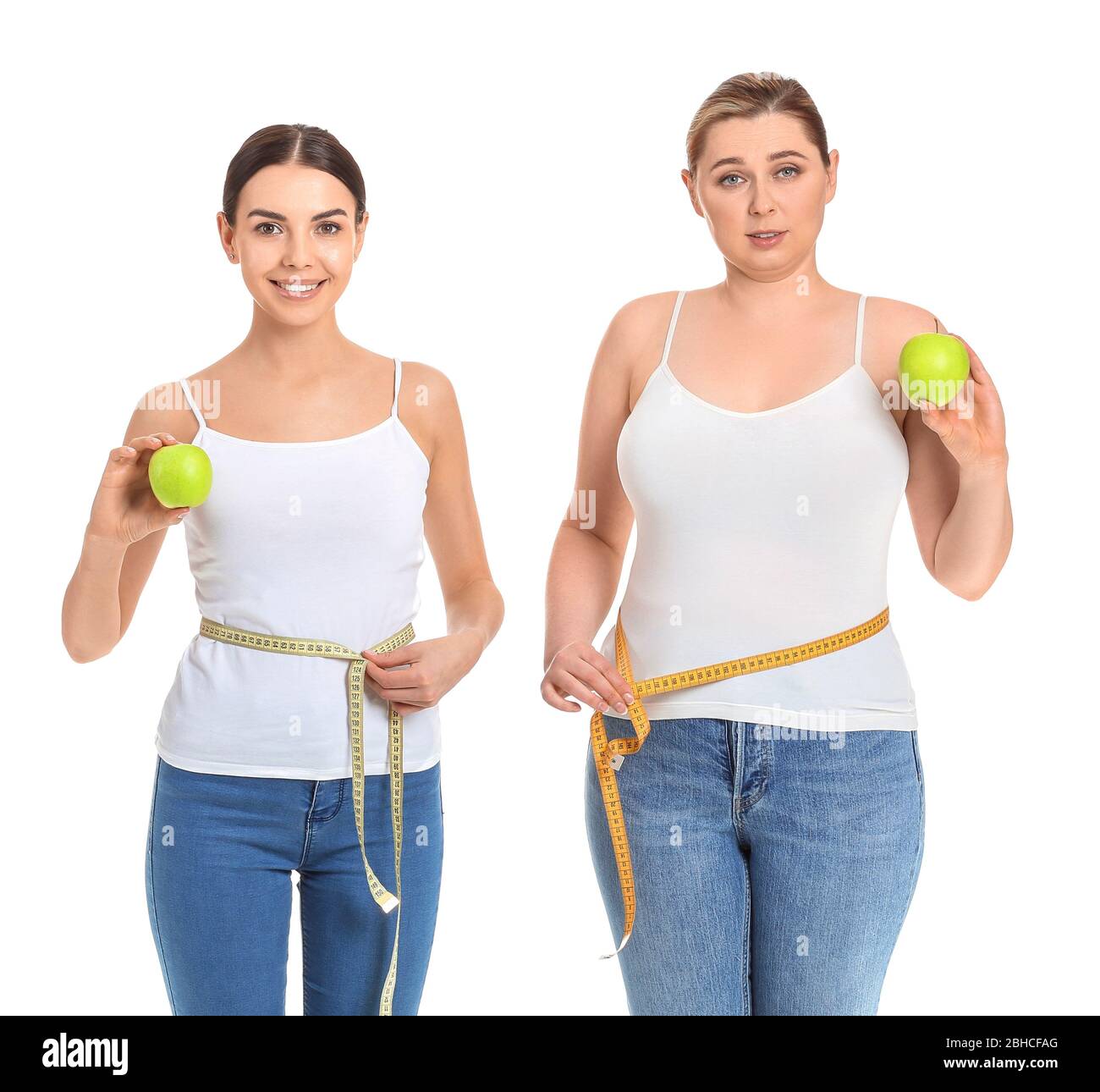 Overweight and slim women on white background. Weight loss concept ...