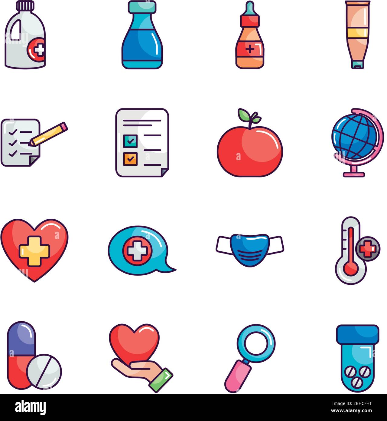 magnifying glass and medicine icon set over white background, line ...